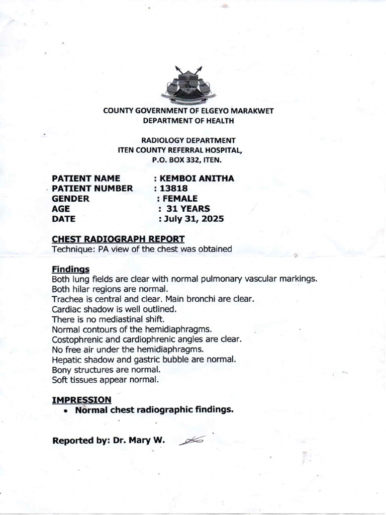 Anitha Kemboi Chest Radiograph Report | PDF