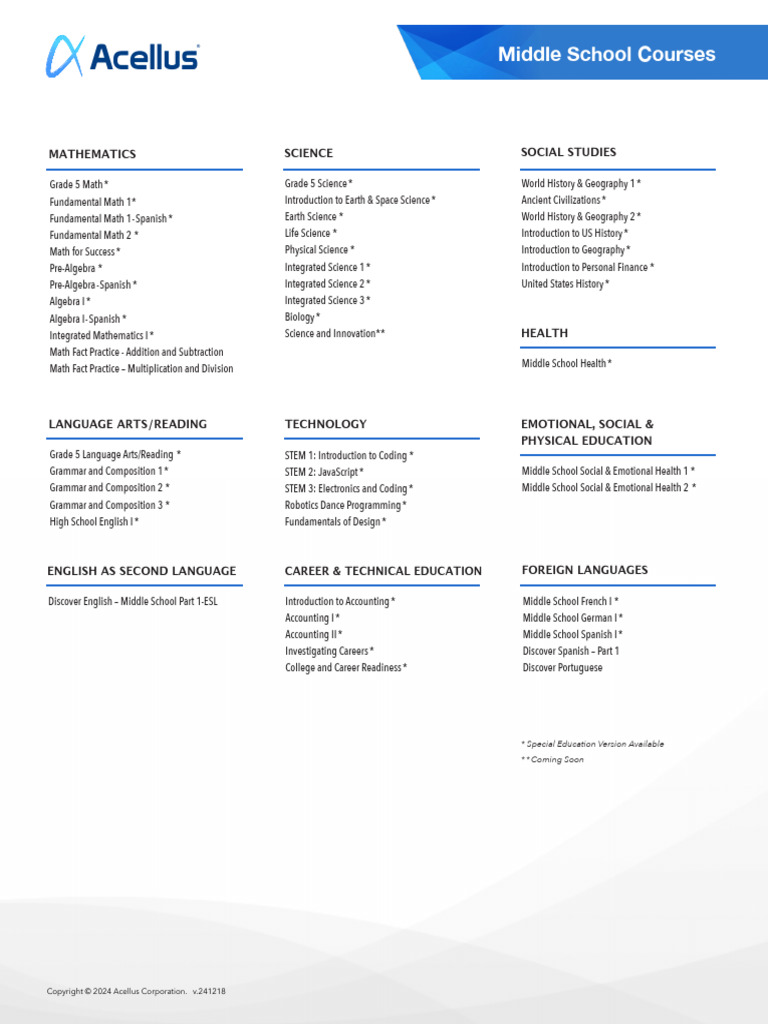Acellus Middle School Course Offerings | PDF | Mathematics | Middle Schools