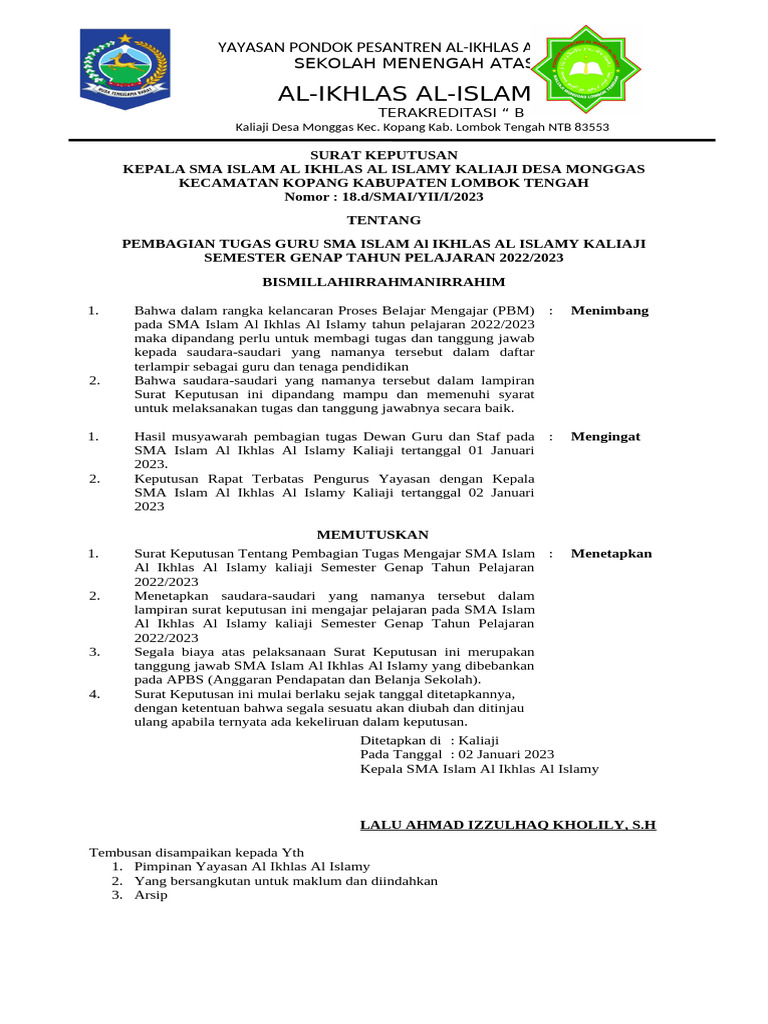 Sk Pemb Tugas Sma 2022 Genap Sandy | PDF