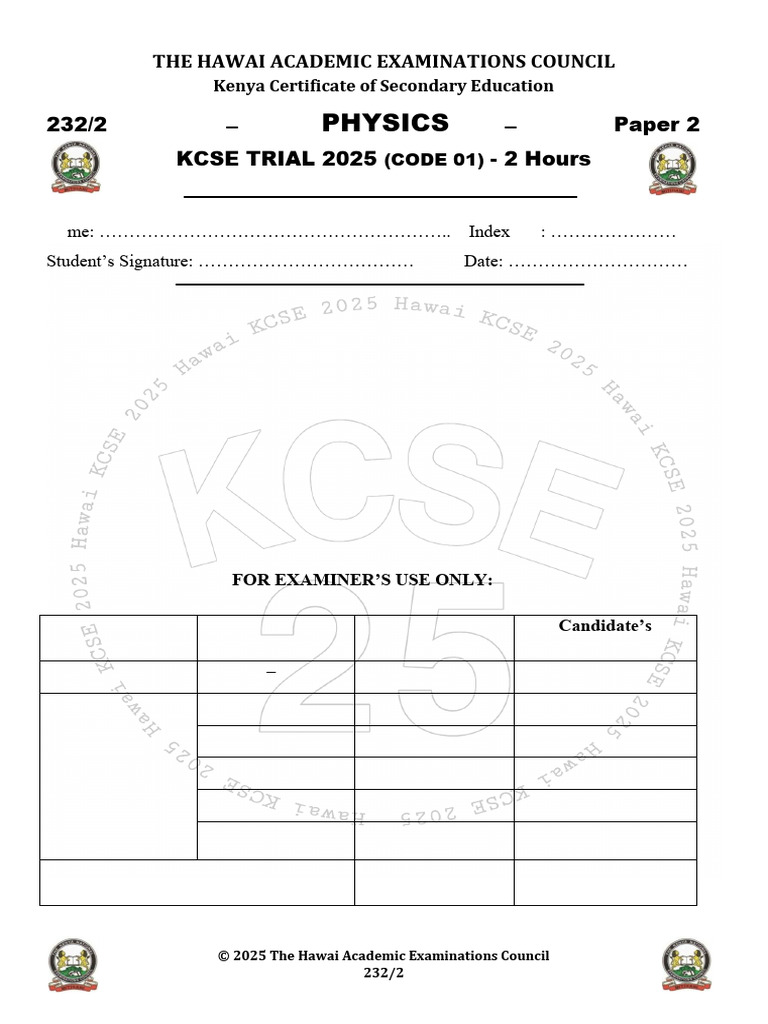 Phy Pp2 Qs Code 01 - Hawai Kcse Trial 2025 | PDF | Vacuum Tube | Capacitor