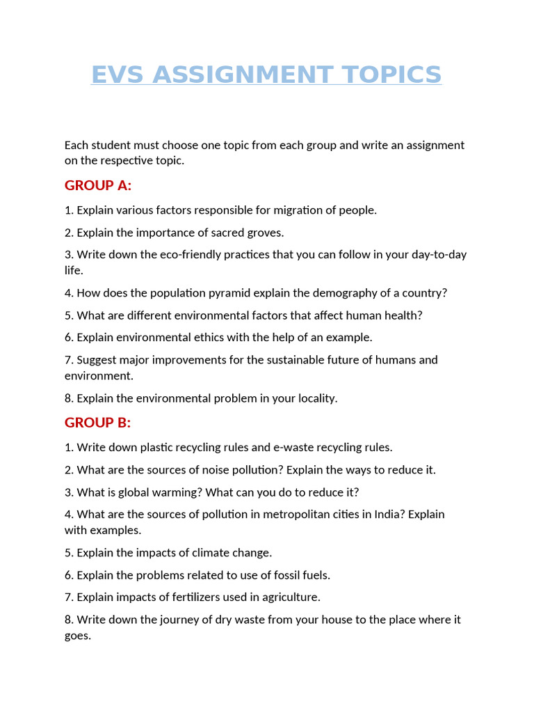 Evs Assignment Topics: Group A | PDF | Sustainability | Climate Change