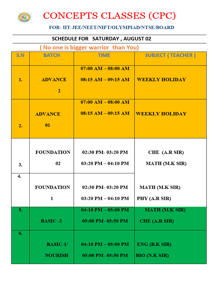 Concepts Classes Schedule - Aug 2 | PDF