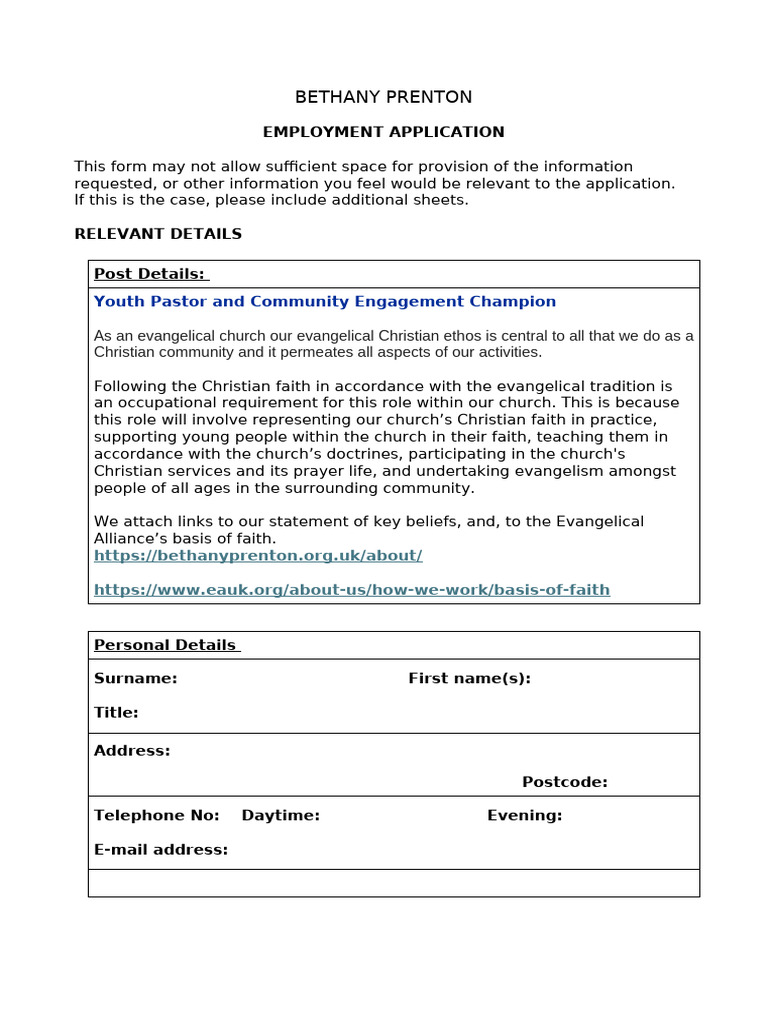 Youth Pastor Application Form | PDF