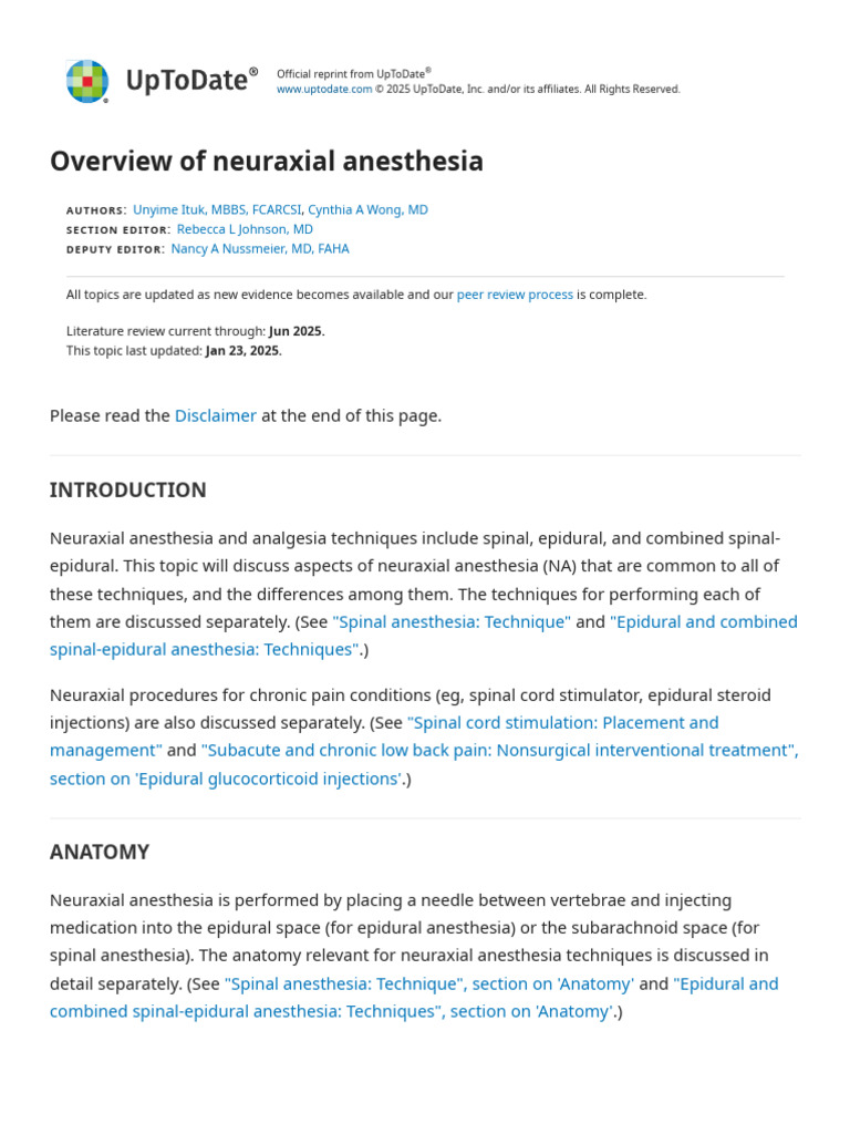 Overview of neuraxial anesthesia - UpToDate | PDF | Anesthesia | Cerebrospinal Fluid