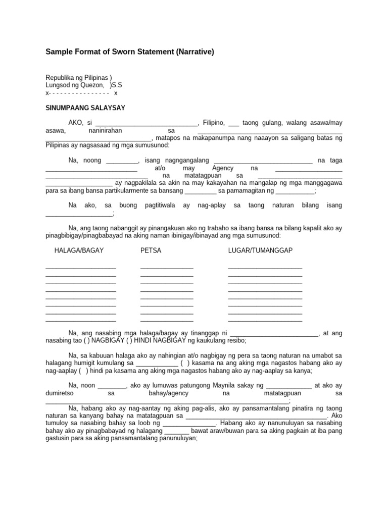 Sample Format of Sworn Statement (Narrative) | PDF