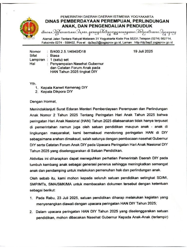 Surat Pengantar Untuk Kanwil Kemenag Dan Dikpora DIY | PDF