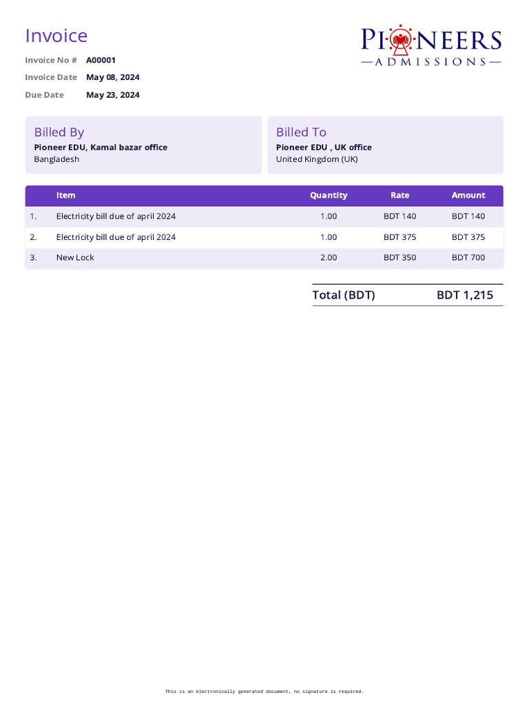 Invoice a00001 Pioneer Edu Kamal Bazar Office Pioneer Edu Uk Office | PDF