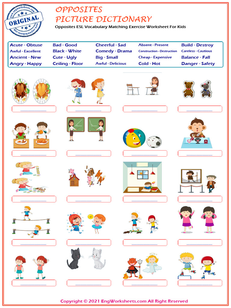 Opposites Esl Vocabulary Matching Exercise Worksheet For Kids 3508 | PDF