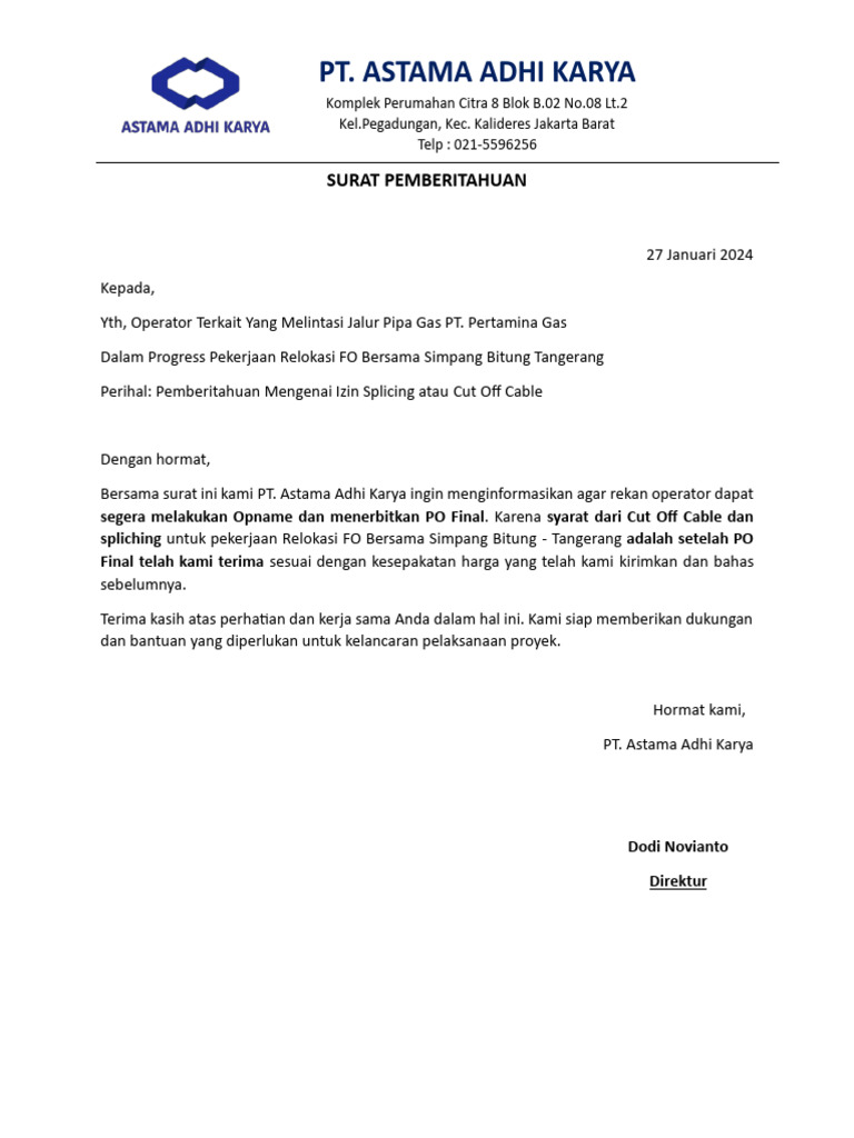 Surat Pemberitahuan Co Dan Splishing | PDF