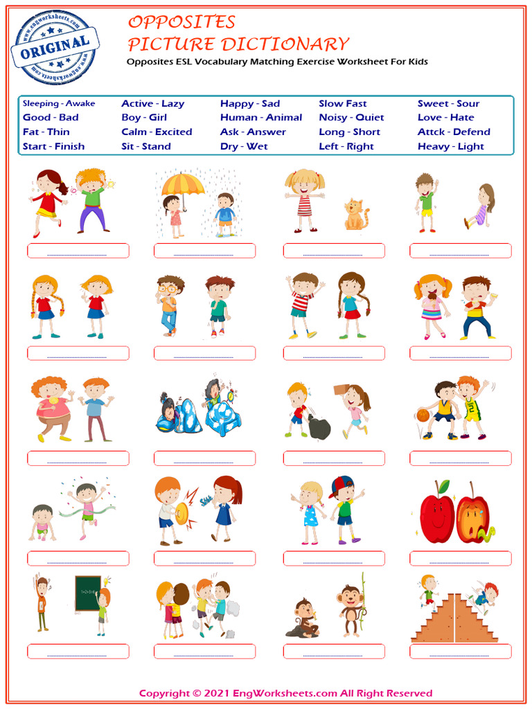 Opposites Esl Vocabulary Matching Exercise Worksheet for Kids 9564 | PDF