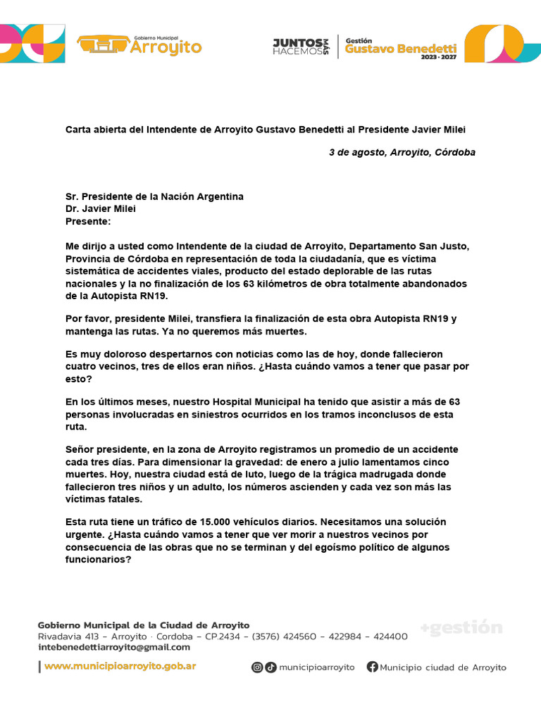 Carta Abierta Al Presidente Javier Milei Por Parte Del Intendente de Arroyito | PDF