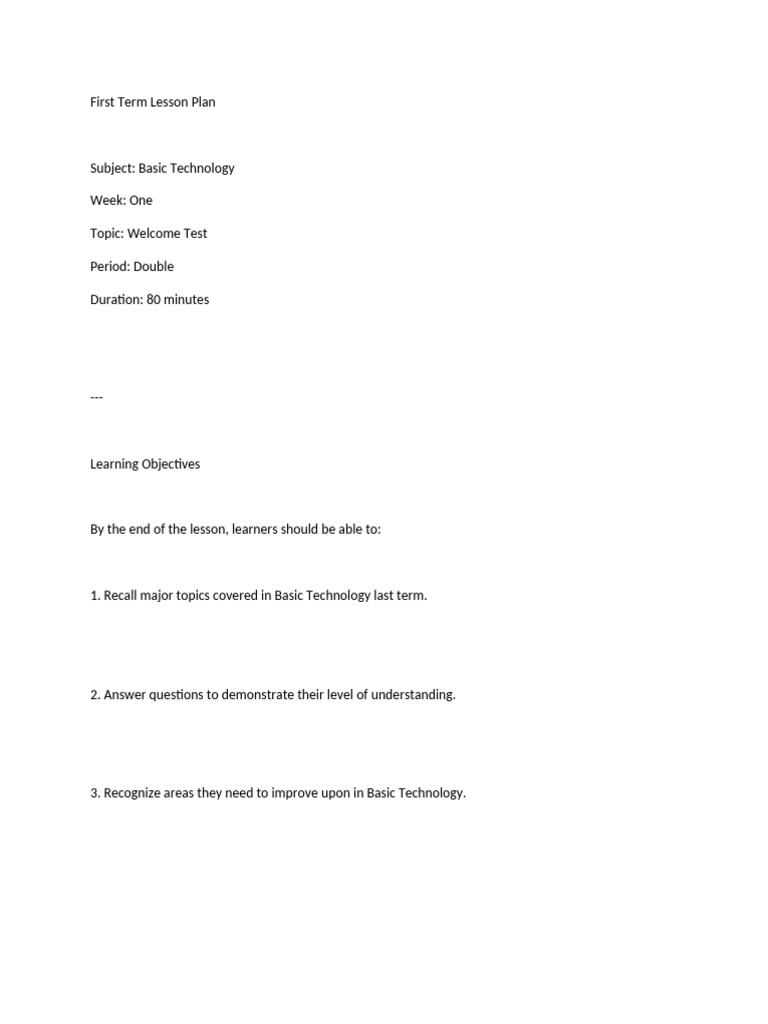 First Term Lesson Plan Jss1 Basic Technology Week 1 | PDF