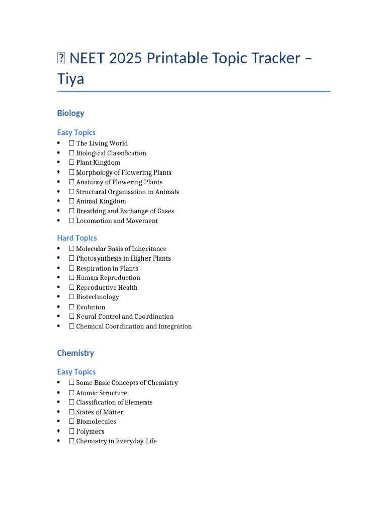 NEET 2025 Topic Tracker Tiya | PDF