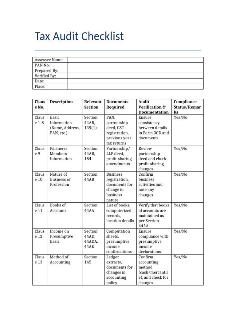 Tax Audit Checklist Pdf Expense Taxes