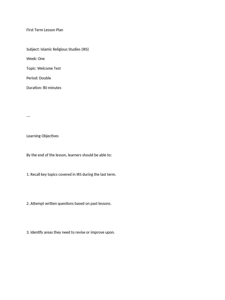 First Term Lesson Plan JSS1 IRS Week 1 | PDF