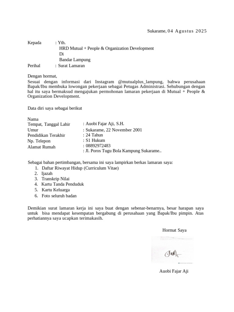 Surat Lamaran Kerja Auobi Fajar Aji-1 | PDF