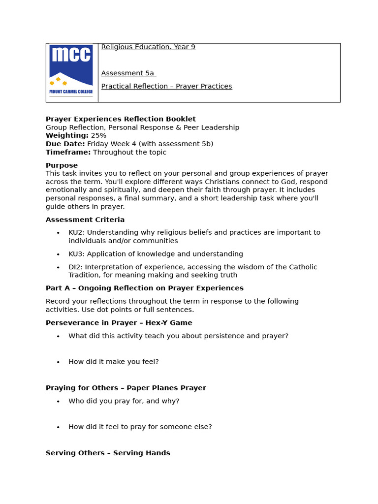 Year 9 Prayer Practices Reflection Guide | PDF | Prayer | Gratitude