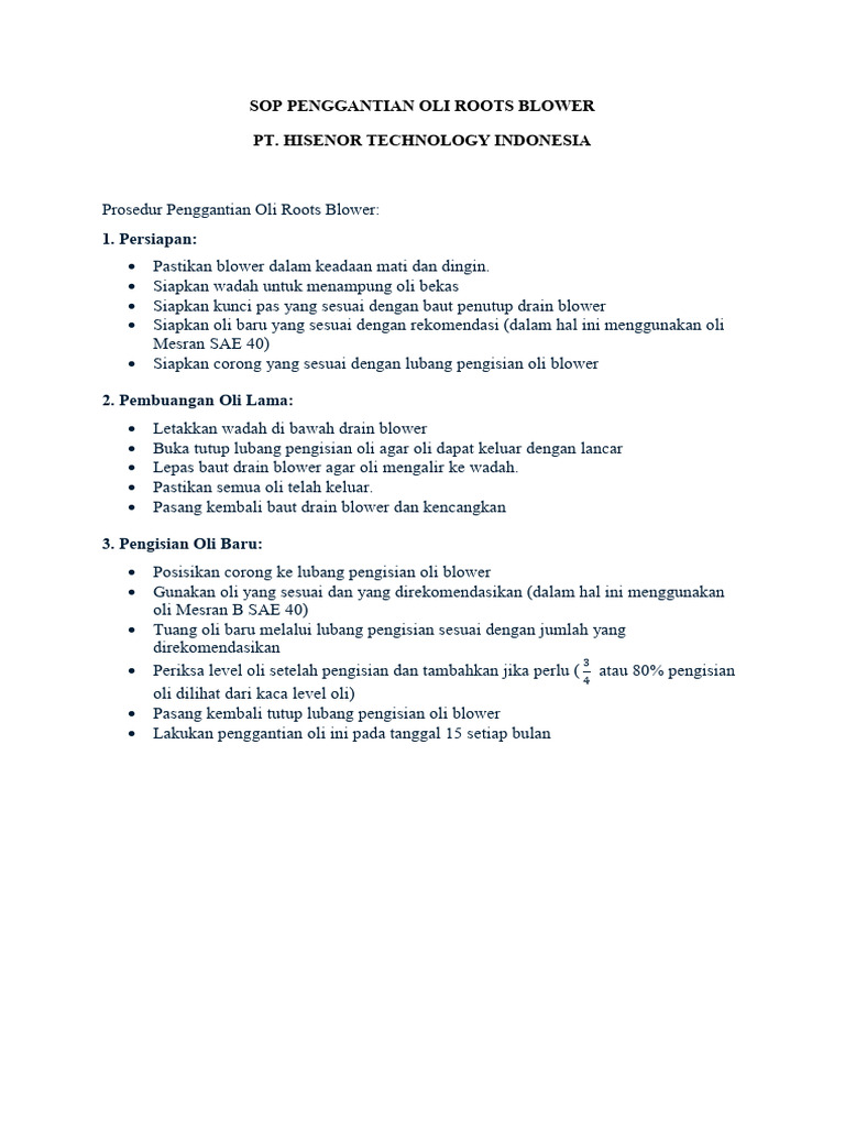 Sop Penggantian Oli Blower | PDF