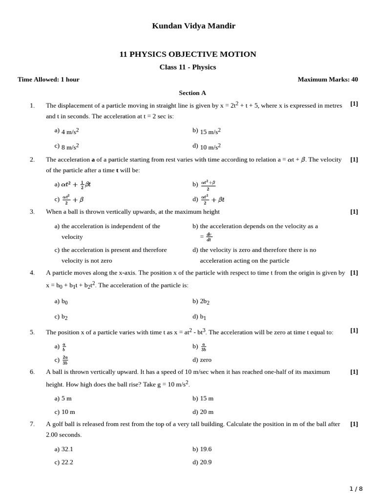 11 Physics Motion Objective Assignment | PDF | Velocity | Acceleration