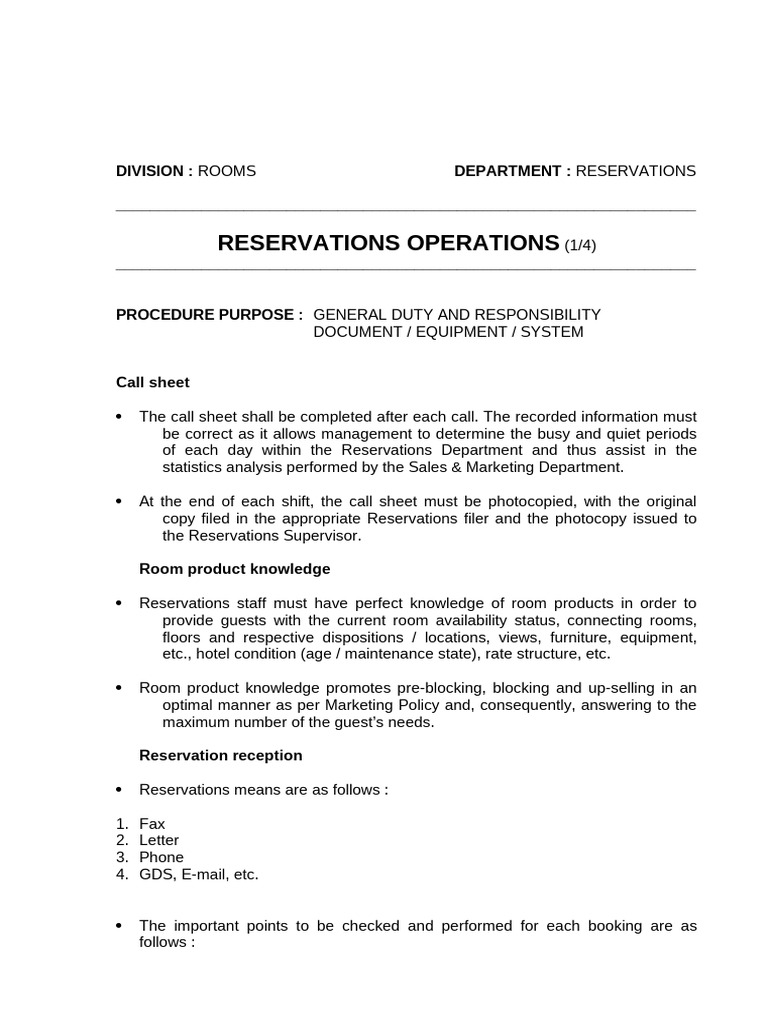 Reservations Operations Procedures Guide | PDF