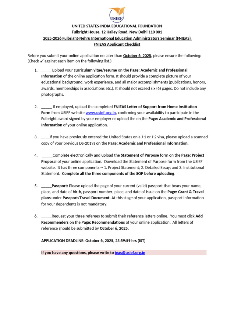 FNIEAS Applicant Checklist | PDF