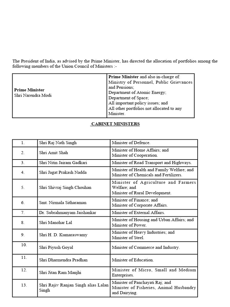 Council of Ministers and Portfolios | PDF | Government Of India