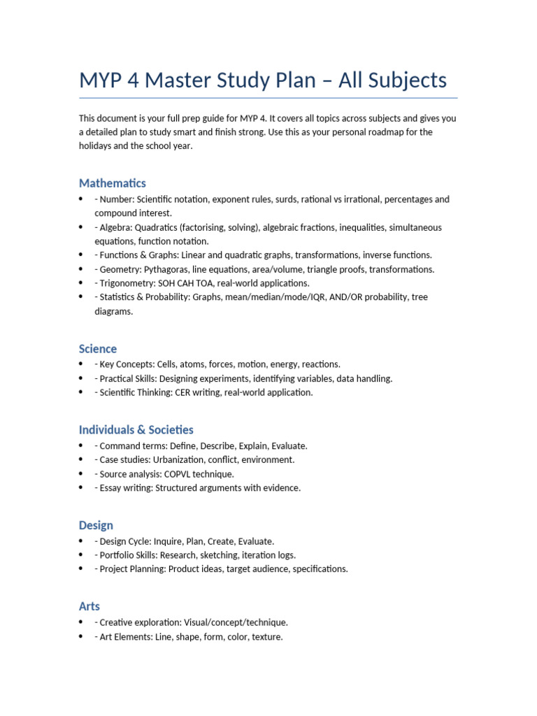MYP4 Study Plan All Subjects | PDF | Function (Mathematics) | Mathematics