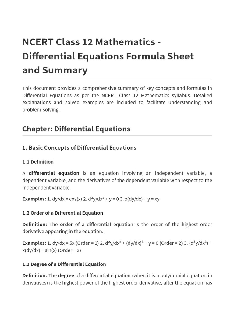Class 12 Differential Equations Formulas | PDF | Equations ...