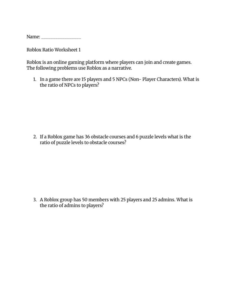 Roblox Ratio Worksheet 1 | PDF