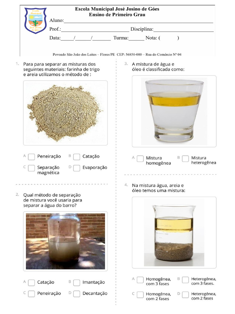 Atividade Avaliativa Adaptada Sobre Processos de Separação de Misturas ...