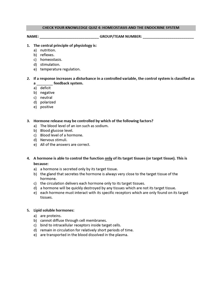 WORKSHOP QUIZ 4 - Homeostasis Endocrine | PDF | Hormone | Thyroid ...