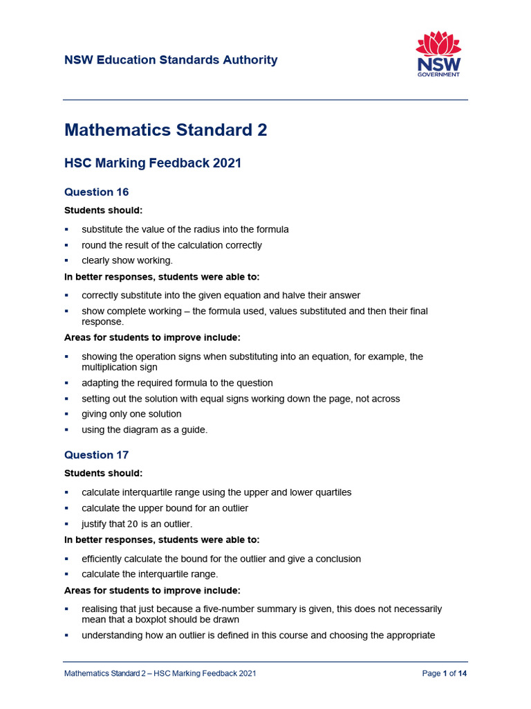 2021 HSC Mathematics Standard 2 Marking Feedback | PDF | Interest ...