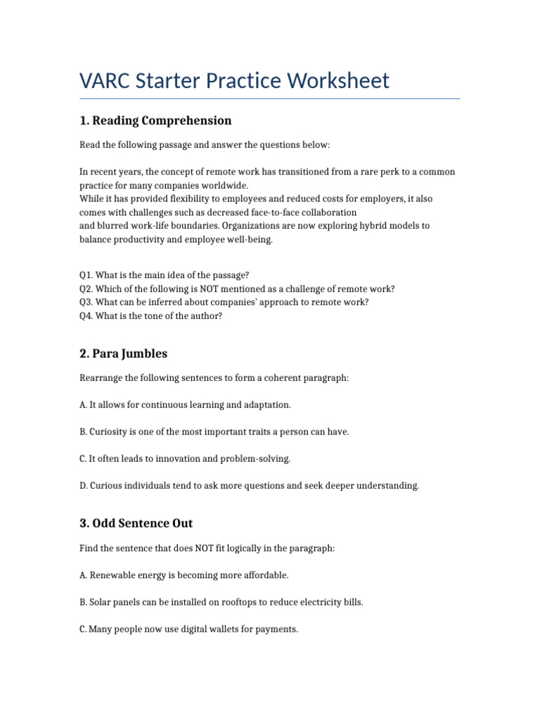 VARC Starter Worksheet | PDF
