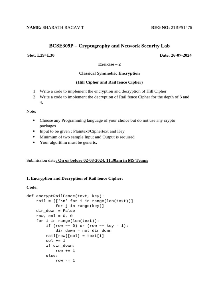 Ex. 2 Hill Cipher and Rail Fence Cipher | PDF | Cipher | Cryptography