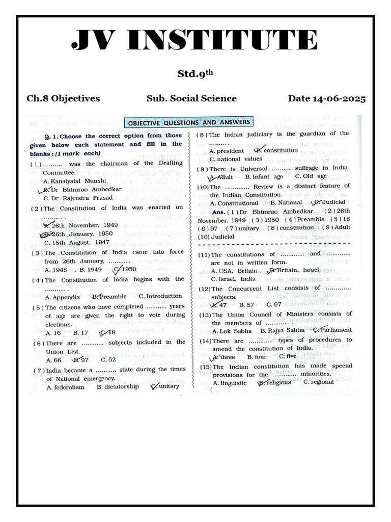 9th S.S Ch.8 Objectives 14-06-2025 | PDF