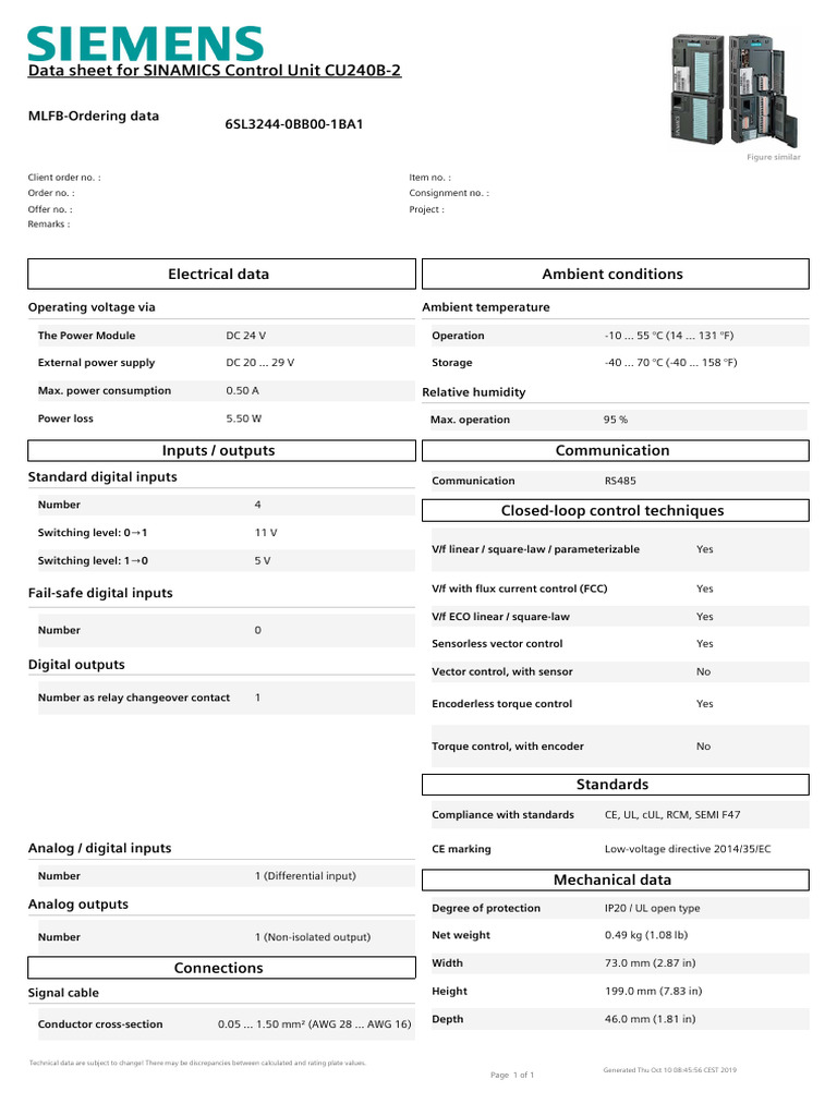 SINAMICS CU240B-2 Data Sheet | PDF | Power Supply | Electronic Engineering