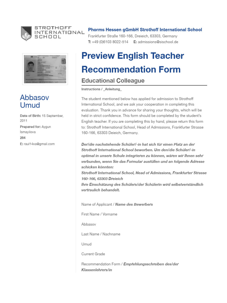 English Teacher Recommendation Form Abbasov Umud | PDF | Social ...
