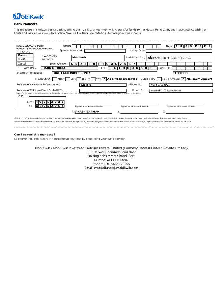 MobiKwik Bank Mandate Form | PDF | Service Industries | Financial Services