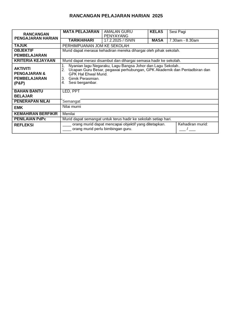 RPH ISNIN B&K PERHIMPUANAN JOM BALIK KE SEKOLAH (Isnin) | PDF