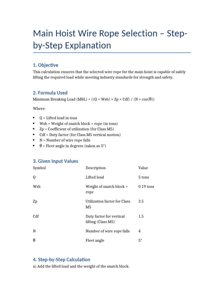 Main Hoist Wire Rope Safety Calculation | PDF | Rope