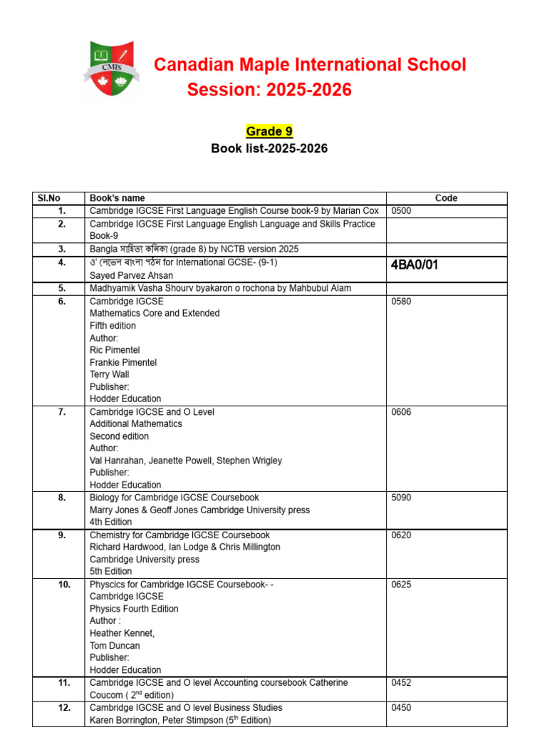 Grade 9 IGCSE Book List 2025-2026 | PDF | Educational Stages | Student ...