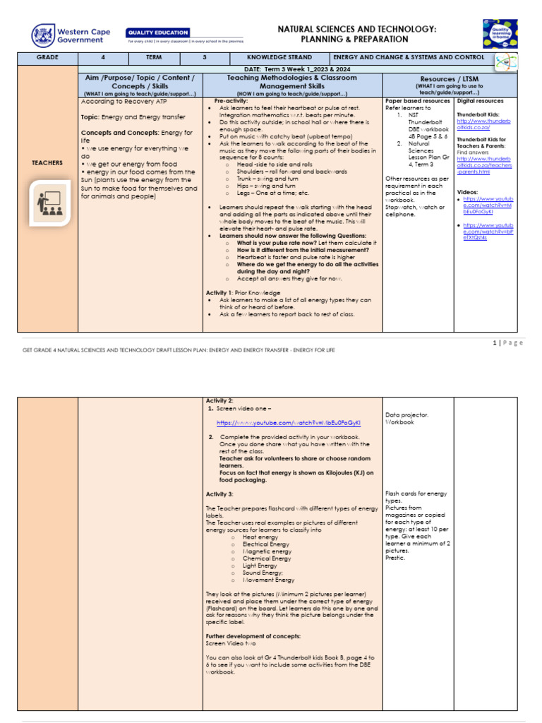 Lesson Plan GET IP Gr. 4 Natural Sciences and Technology T3 W1-1 | PDF ...