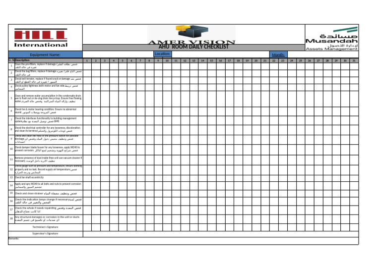Daily Inspection For FAHU Room | PDF