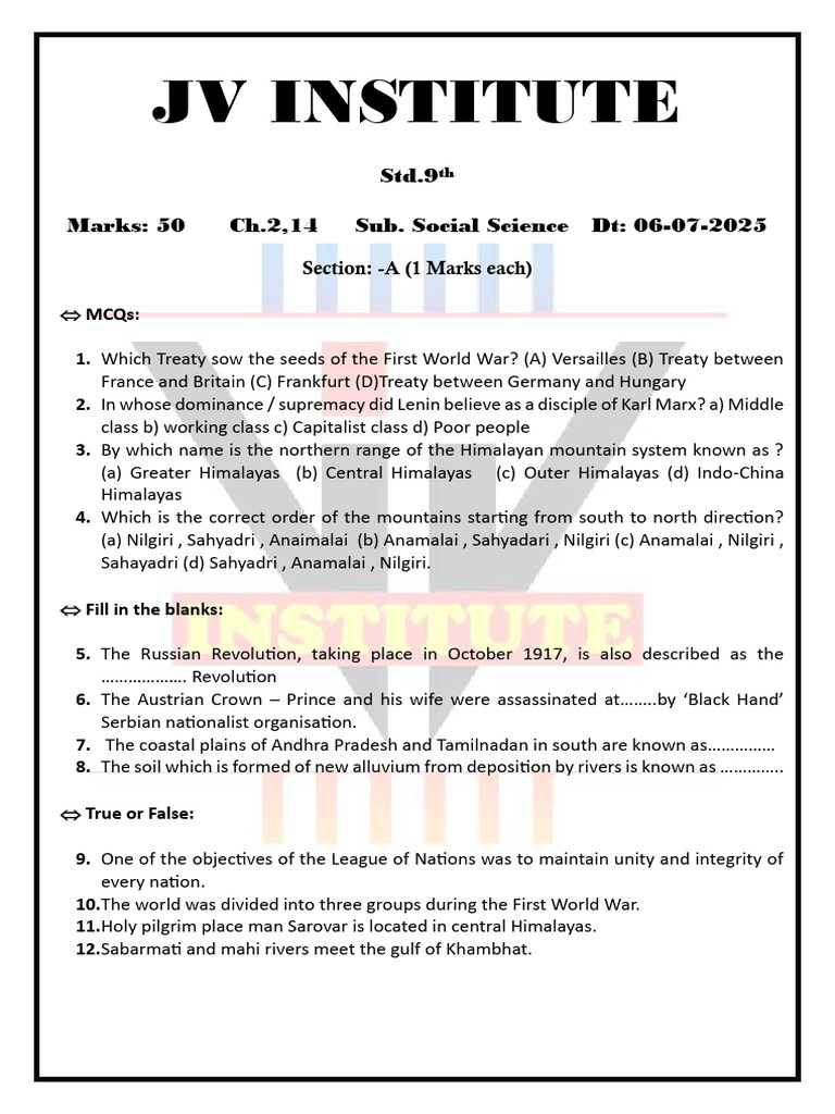 Social Science Exam Paper for 9th Grade | PDF