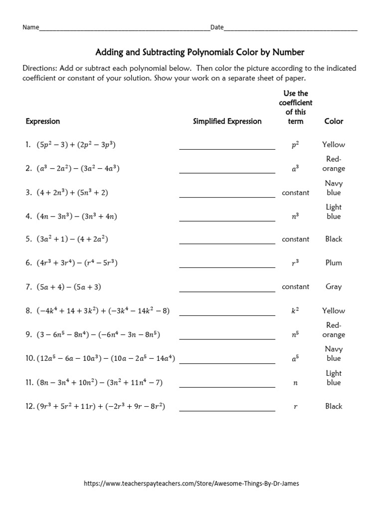 Add Subt Polynomials Color Activity 1 | PDF | Polynomial | Chess Theory