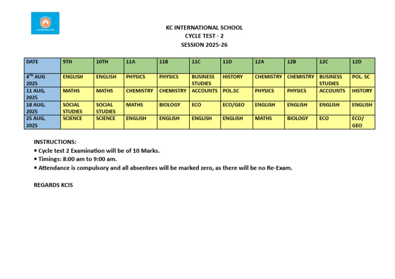 9-12 Cycle Test 2 Date Sheet | PDF