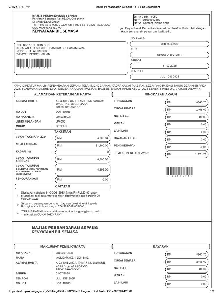 Majlis Perbandaran Sepang - e Billing Statement - A-03-10 | PDF