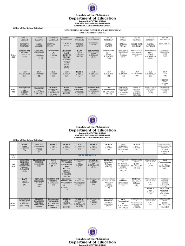 AMLHS SHS General Class Program 2022 2023 First Semester | PDF ...