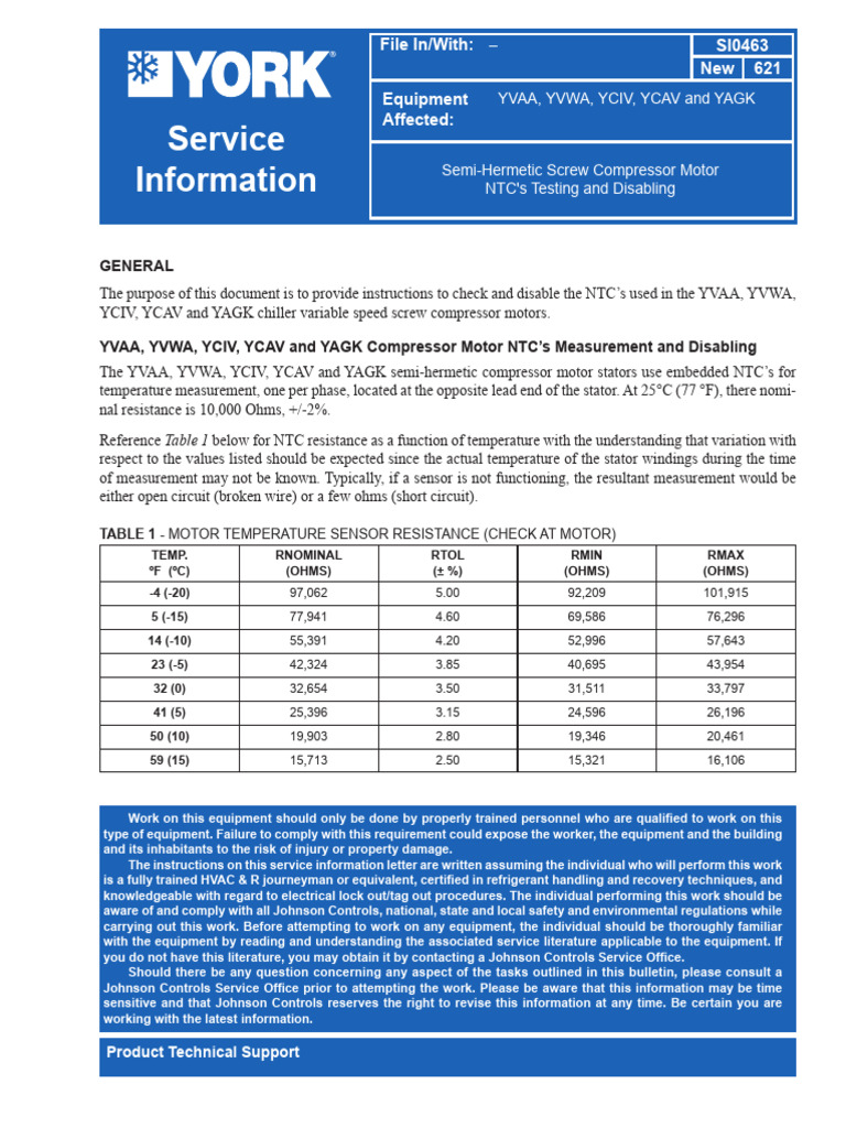 YORK MOTOR WINDING SENSOR YVAA, YVWA, YCIV, YCAV and YAGK Semi-Hermetic ...