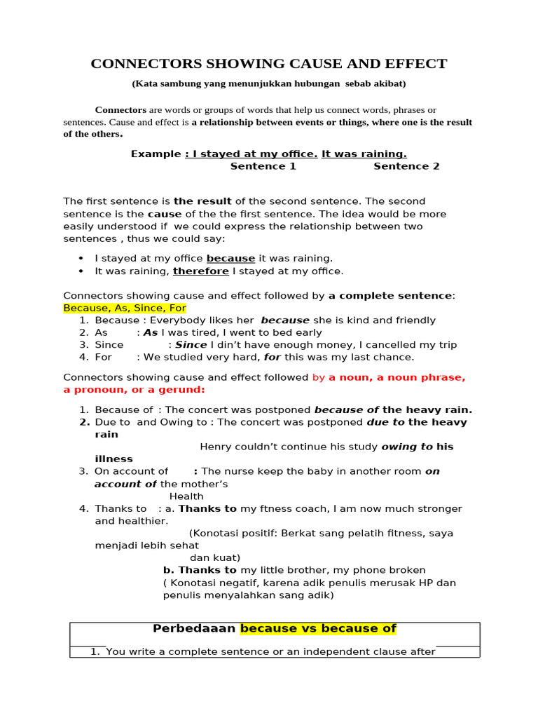 Connectors Showing Cause and Effect | PDF | Sentence (Linguistics) | Clause